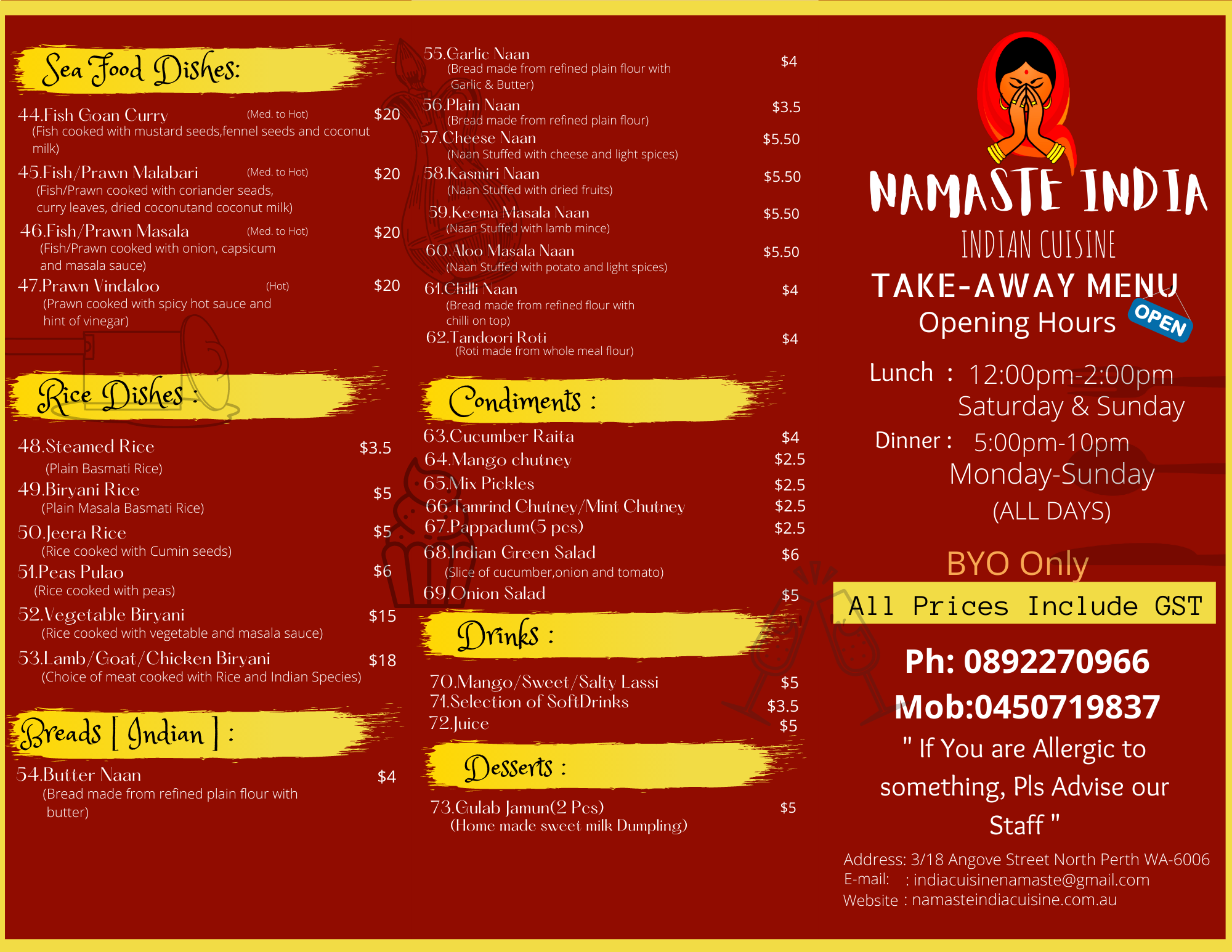 TAKE AWAY MENU - NAMASTE INDIA