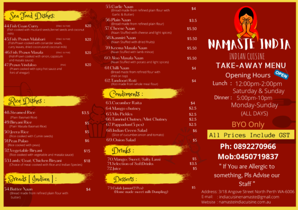 TAKE AWAY MENU - NAMASTE INDIA