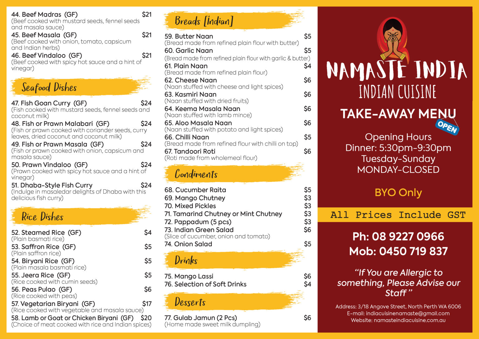 TAKE AWAY MENU - NAMASTE INDIA
